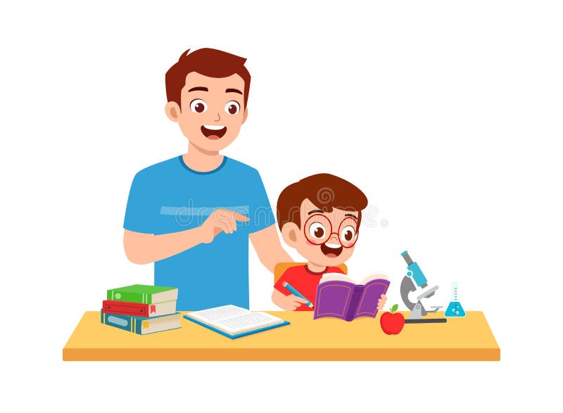Cute Little Boy Study with Father at Home Together Stock Vector ...
