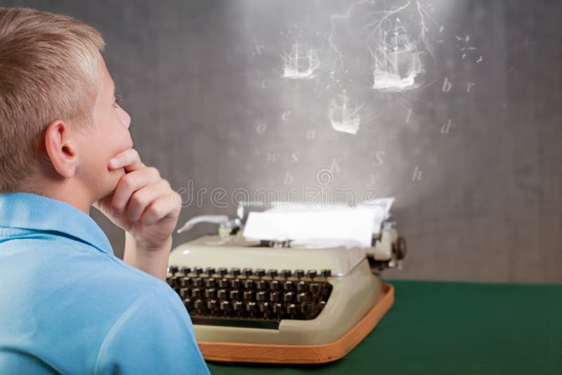 Cute Little Boy Typing on Retro Typewriter Stock Photo - Image of ...