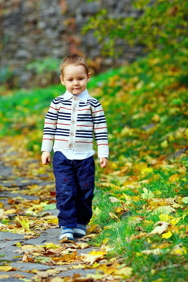 Cute Little Boy Walking in Autumn Park Stock Photo - Image of outdoors ...