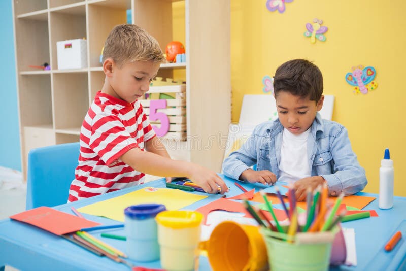 Cute Little Boys Making Art in Classroom Stock Image - Image of ...