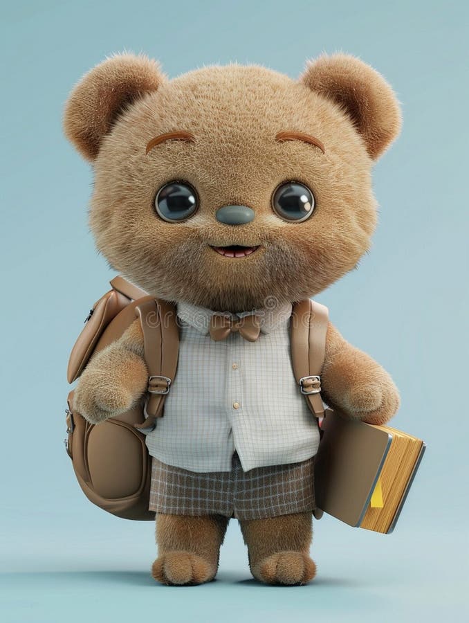 Cute Little Brown Bear in School Clothes and with Backpack and Book in ...