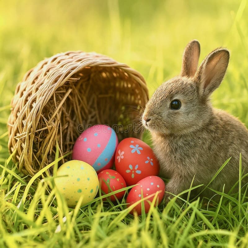 Cute Little Brown Easter Bunny Sitting by the Basket and Easter Eggs ...