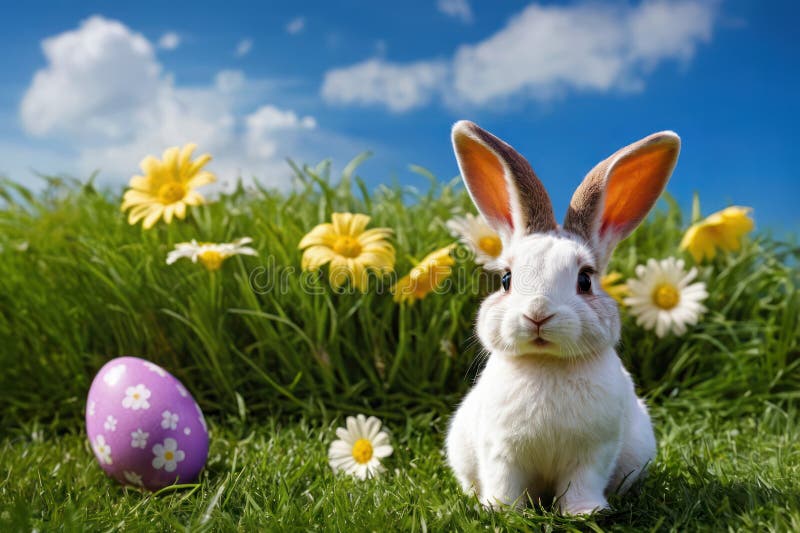 Cute Little Bunny and Easter Egg on Green Grass with Spring Flowers ...