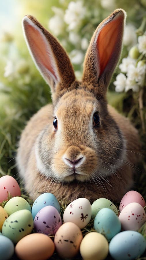 Cute Little Bunny and Easter Eggs in the Meadow. Eastern Concept Stock ...
