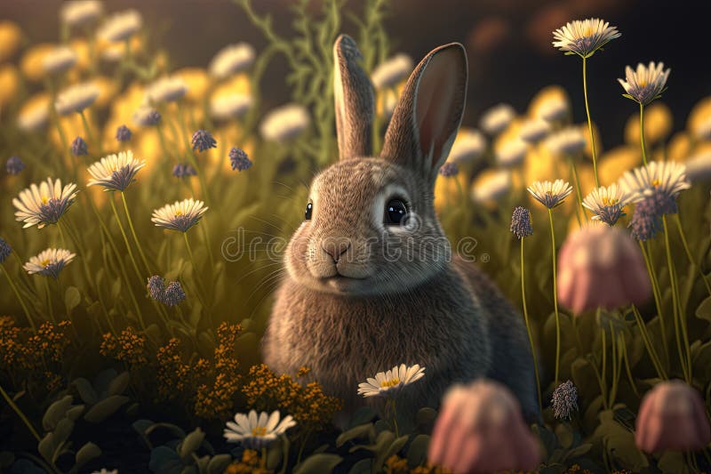 Cute Little Bunny in a Field of Flowers. Generative AI Stock ...