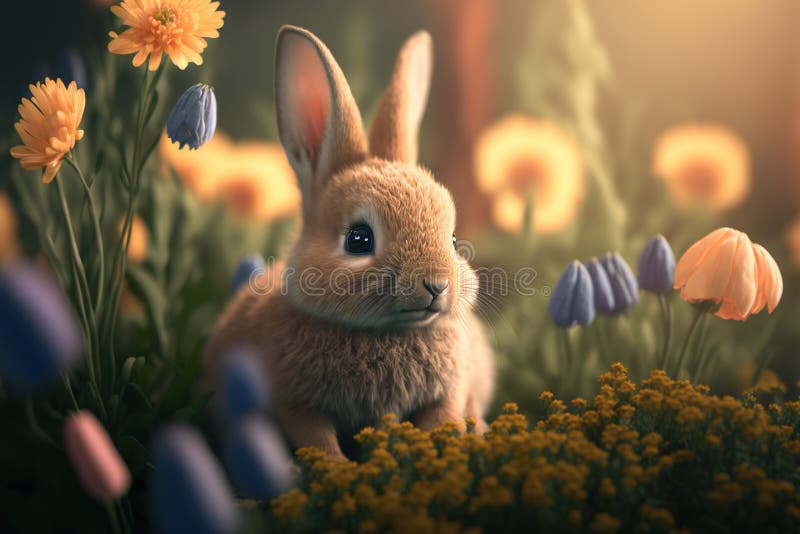 Cute Little Bunny in a Field of Flowers. Generative AI Stock ...