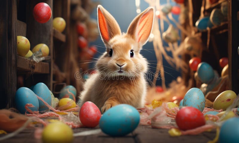 A Cute Little Bunny is Hidden Together with Easter Eggs Stock ...
