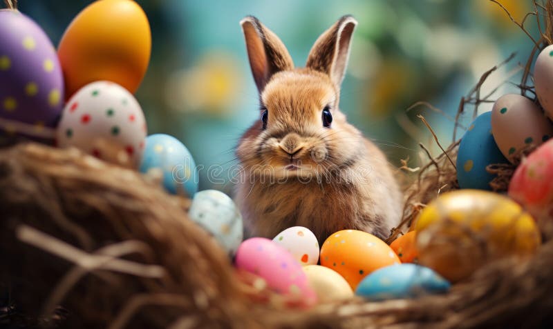 A Cute Little Bunny is Hidden Together with Easter Eggs Stock ...