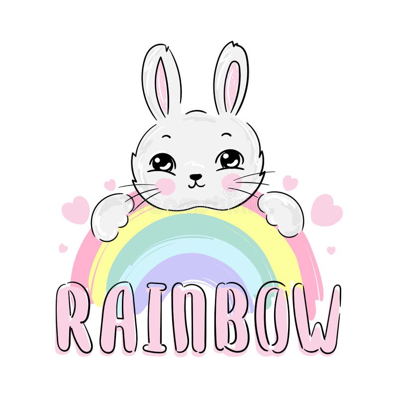 Cute Little Bunny on Rainbow Cartoon Design Print, Rabbit Vector Stock ...