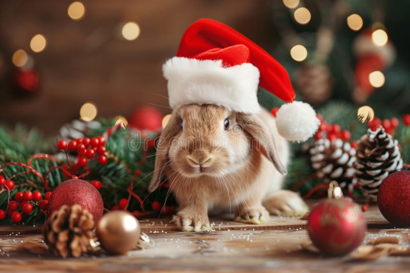 Cute Little Bunny with Santa Hat on Christmas. Stock Image - Image of ...