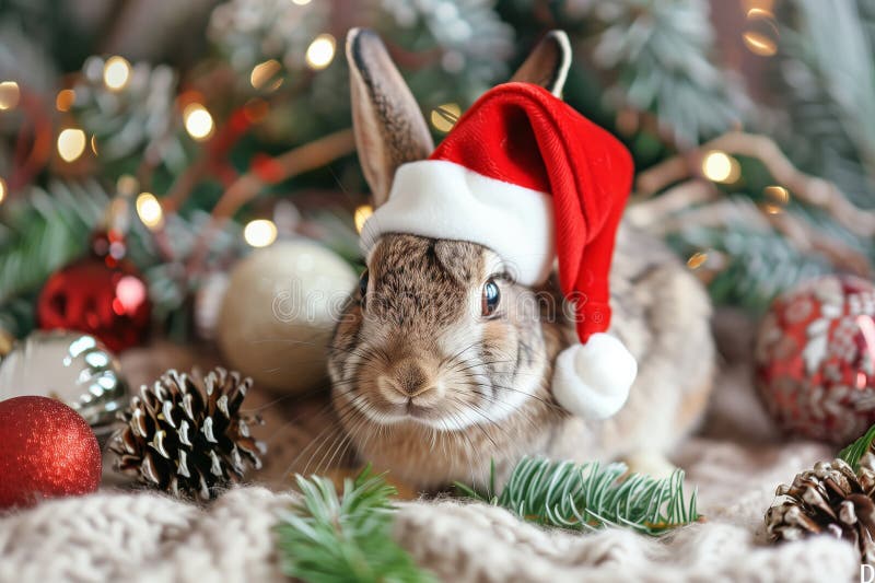 Cute Little Bunny with Santa Hat on Christmas. Stock Photo - Image of ...