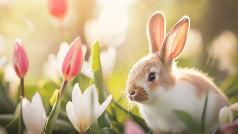 Cute Little Bunny in Spring Flower with Ears Up Looking Away ...