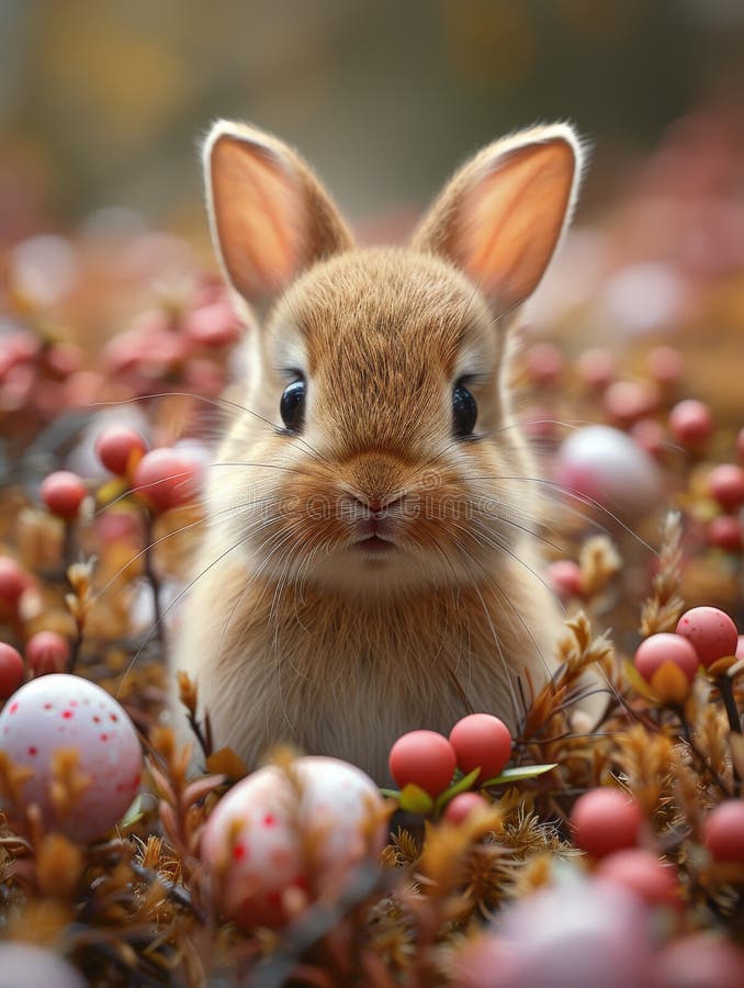 Cute Little Bunny in Spring Forest among Colorful Easter Eggs Stock ...