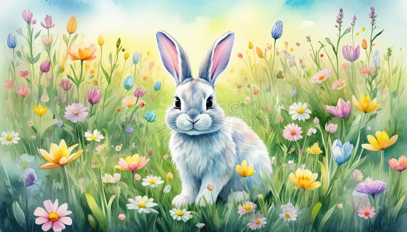 Cute Little Bunny in Spring Meadow Stock Illustration - Illustration of ...