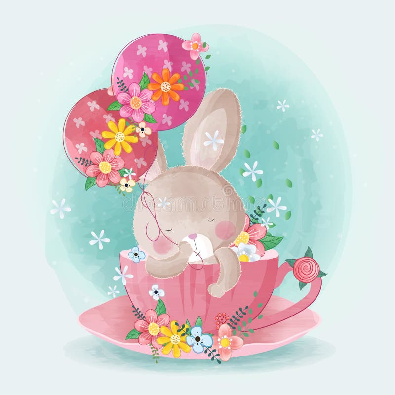 Cute Little Bunny in Tea Cup with Flowers Stock Illustration ...