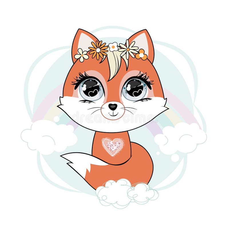 Cute Little Cartoon Fox Sitting on Cloud. Stock Vector - Illustration ...