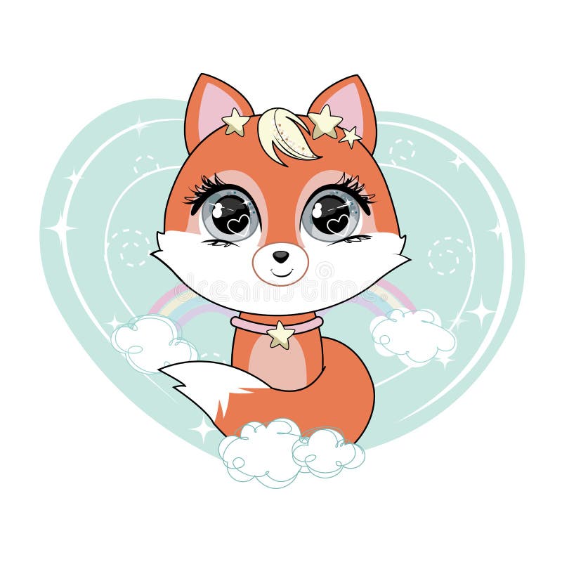 Cute Little Cartoon Fox Sitting on Cloud. Stock Vector - Illustration ...