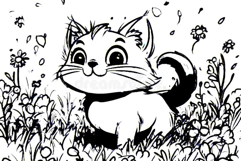 Cute Little Cat Black and White Coloring Stock Image - Image of kitten ...