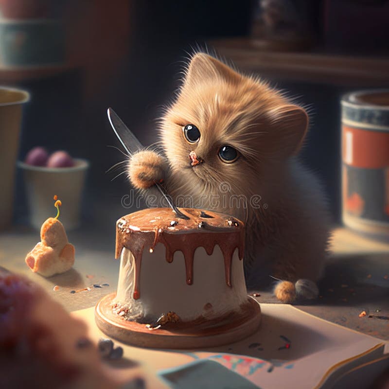 Cute Little Cat Making a Cake in the Kitchen AI Generated Stock ...