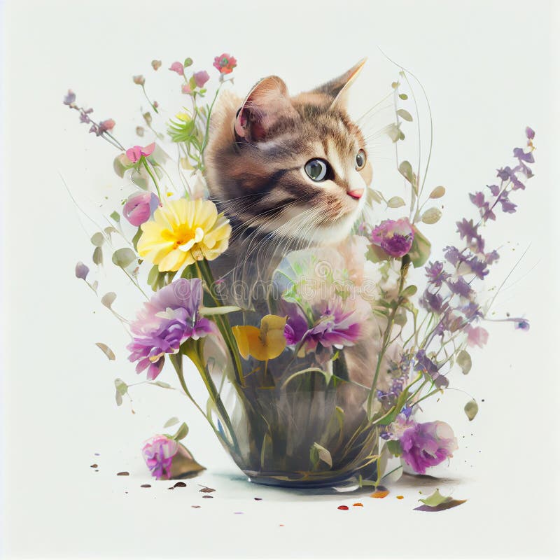Cute Little Cat with Spring Flower Bouquet. Generative AI Stock ...