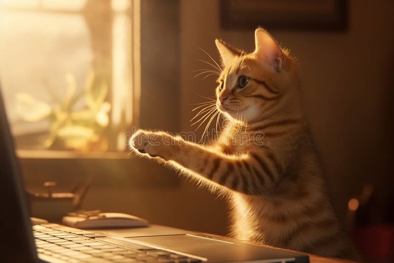 Cute Little Cat Working on Laptop. AI Generated Stock Illustration ...