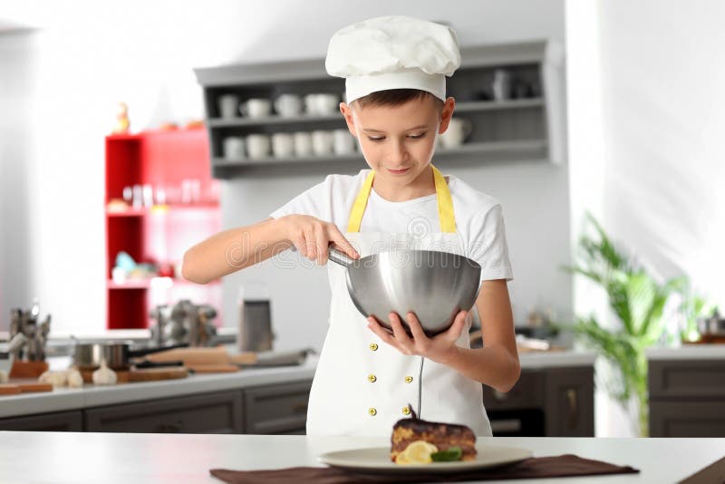 Cute Little Chef Cooking in Kitchen Stock Image - Image of cafe, person ...