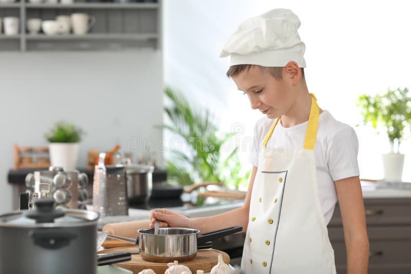Cute Little Chef Cooking in Kitchen Stock Image - Image of dinner ...