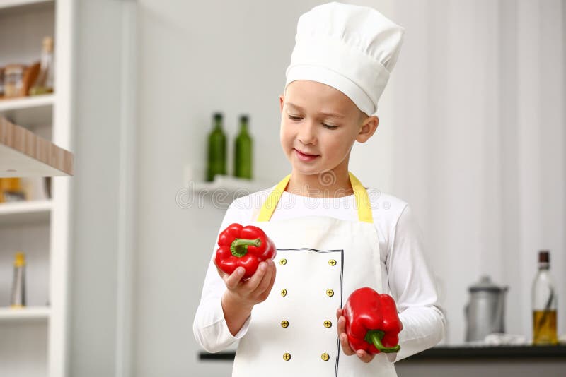 Cute Little Chef with Peppers in Kitchen Stock Image - Image of kitchen ...