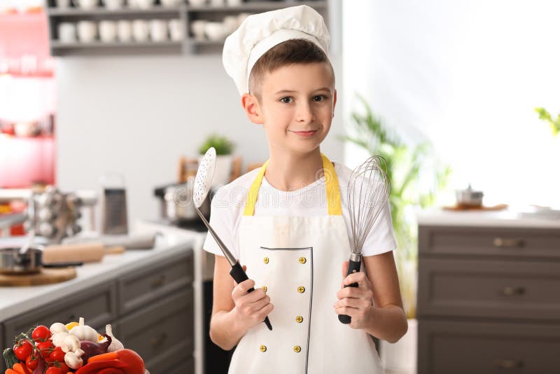 Cute Little Chef with Utensils in Kitchen Stock Image - Image of ...