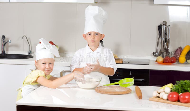 Cute Little Chefs Baking in Kitchen Stock Image - Image of children ...