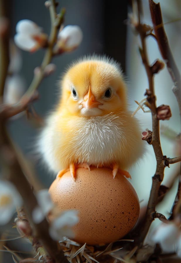 Cute Little Chicken and Egg in the Blossoming Tree Stock Image - Image ...