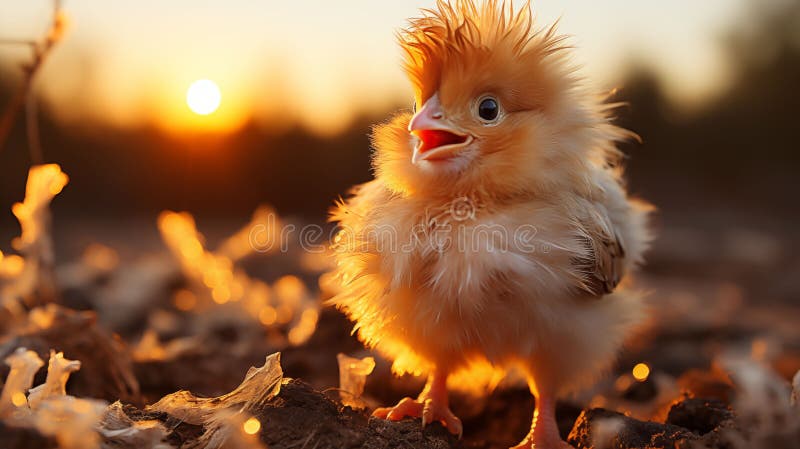 Cute Little Chicken on the Farm at Sunset. Rural Scene. Stock ...
