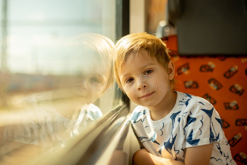 Cute Little Child, Boy, Traveling on a Train Stock Image - Image of ...