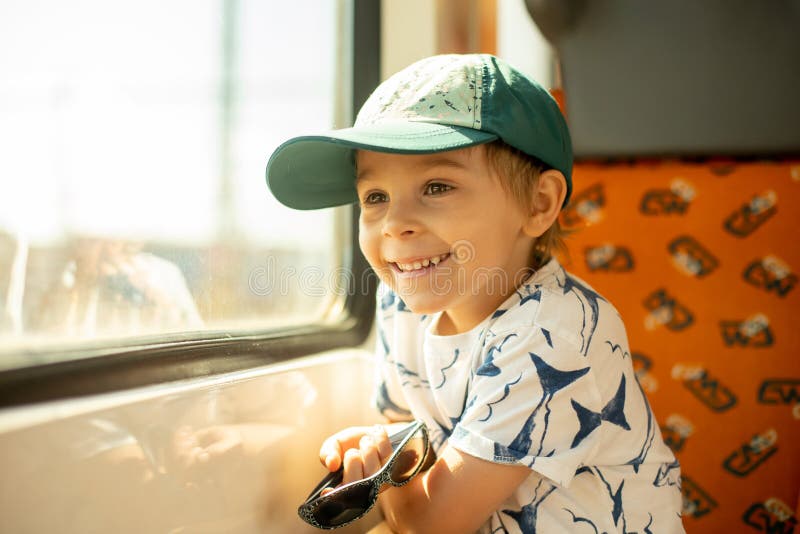 Cute Little Child, Boy, Traveling on a Train Stock Photo - Image of ...