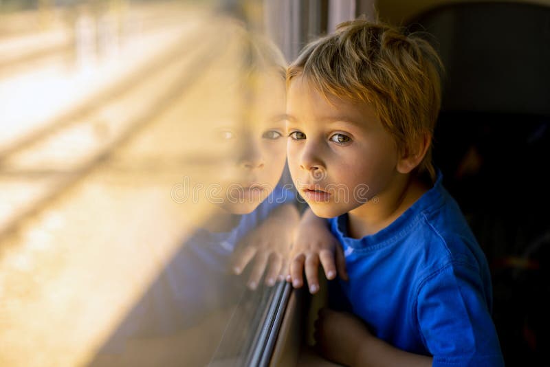 Cute Little Child, Boy, Traveling on a Train Stock Photo - Image of ...