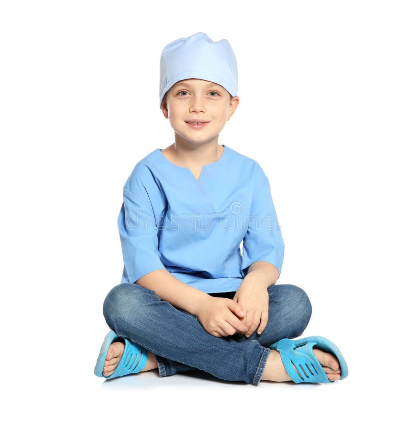 Cute Little Child in Doctor Uniform on White Stock Photo - Image of ...