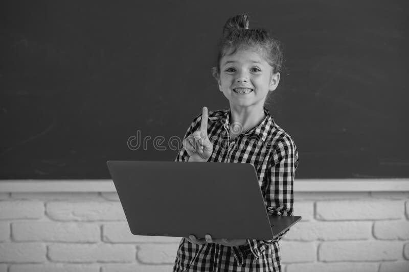 Cute Little Child Girl Using Laptop Computer, Kid Studying through ...