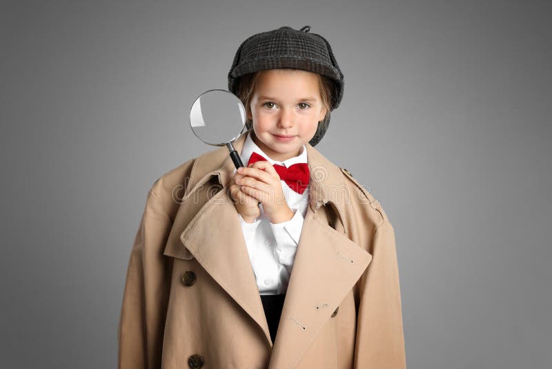 Cute Little Child in Hat with Magnifying Glass Playing Detective on ...