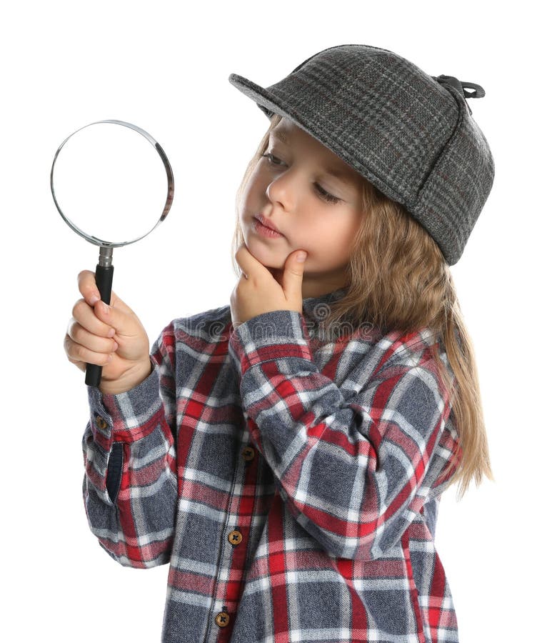 Cute Little Child in Hat with Magnifying Glass Playing Detective on ...