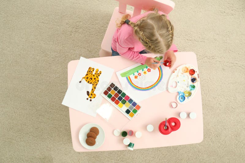 Cute Little Child Painting at Table Stock Image - Image of bright, girl ...