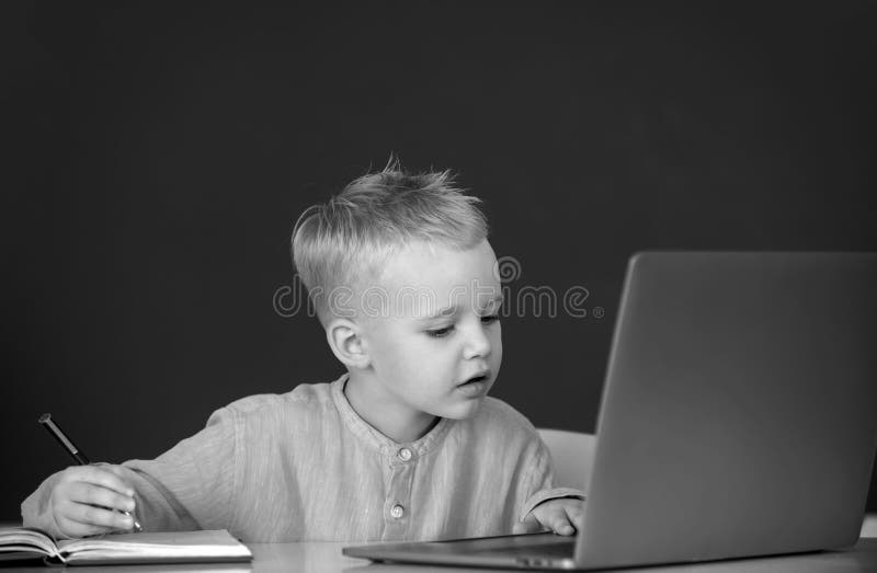Cute Little Child Using Laptop Computer, Kid Boy Studying through ...