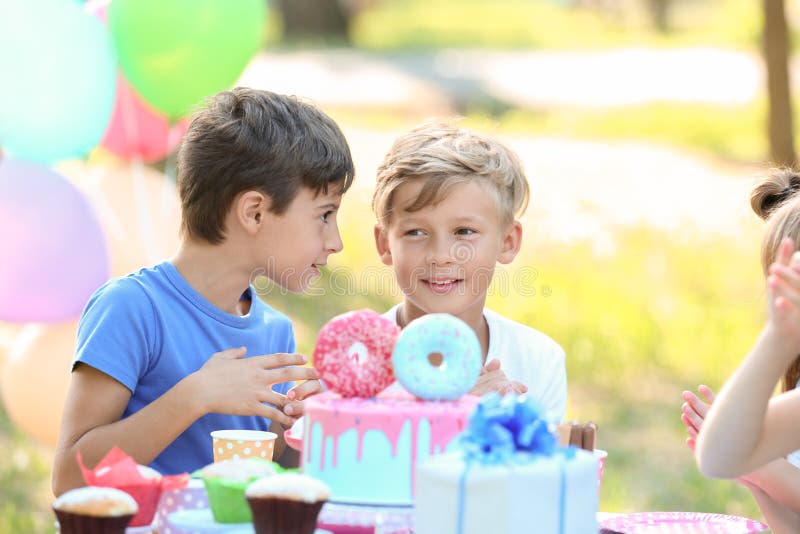 Cute Little Children Celebrating Birthday Outdoors Stock Photo - Image ...