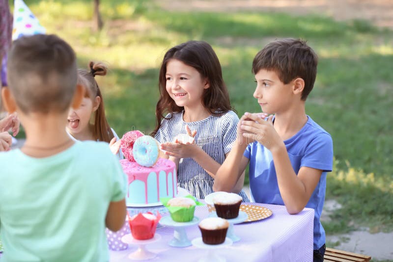 Cute Little Children Celebrating Birthday Outdoors Stock Photo - Image ...