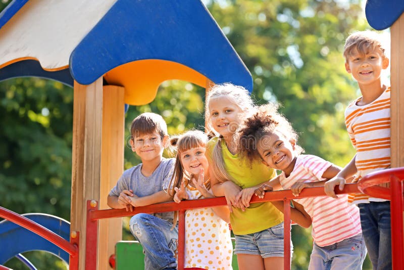 Cute Little Children Having Fun on Playground Outdoors Stock Image ...