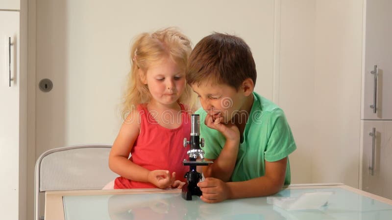 Cute Little Children are Looking through a Microscope in White ...