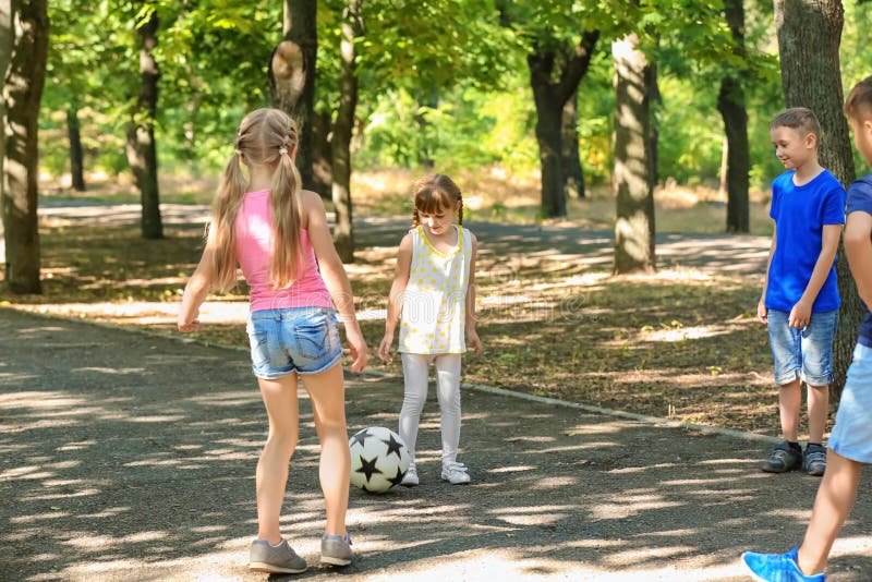 Cute Little Children Playing with Ball in Park Stock Image - Image of ...