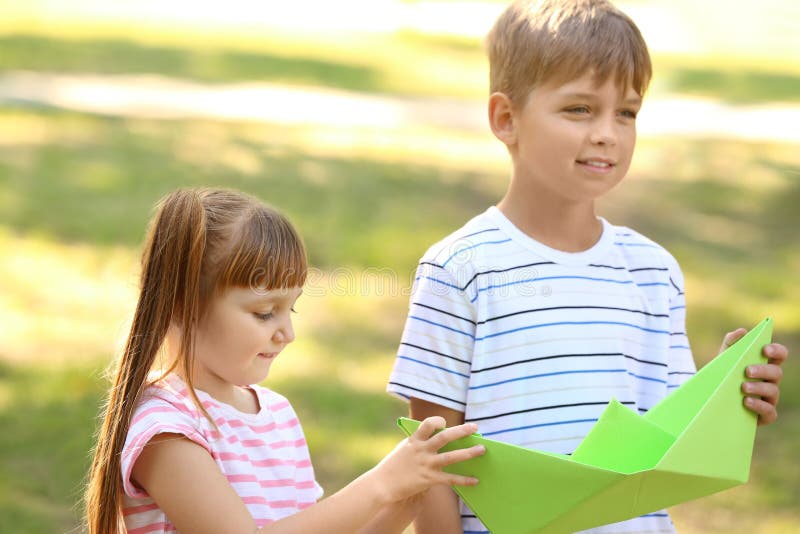 Cute Little Children Playing with Paper Ship Outdoors Stock Image ...