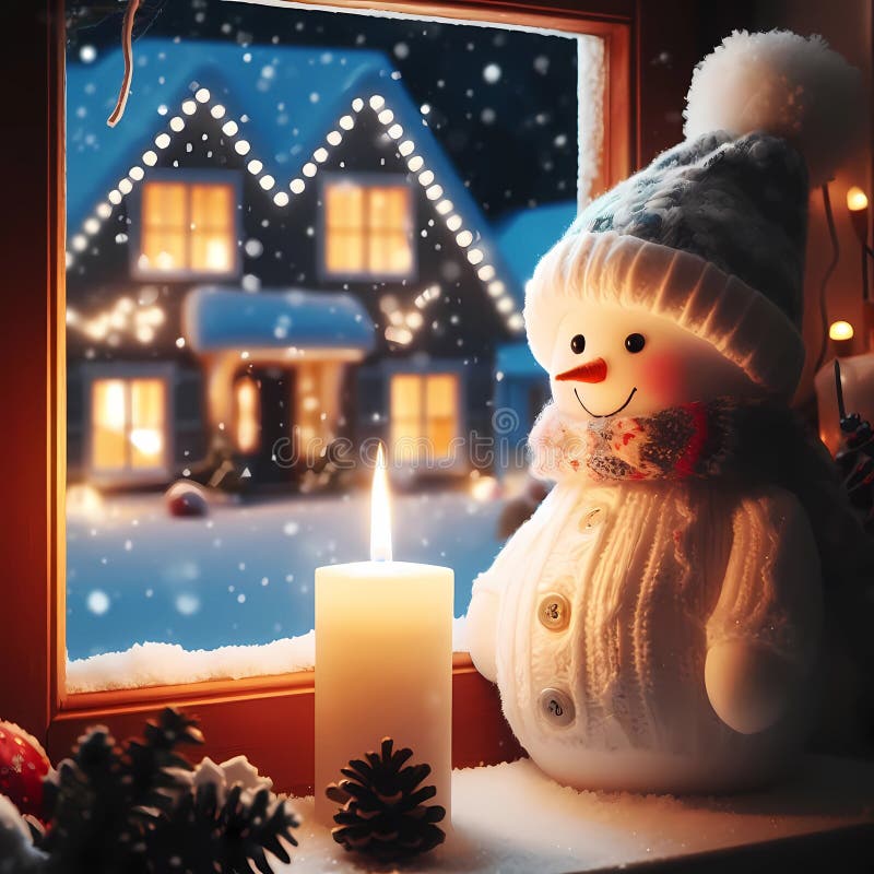 Cute Little Christmas Snowman Looking Out the Window Stock Illustration ...