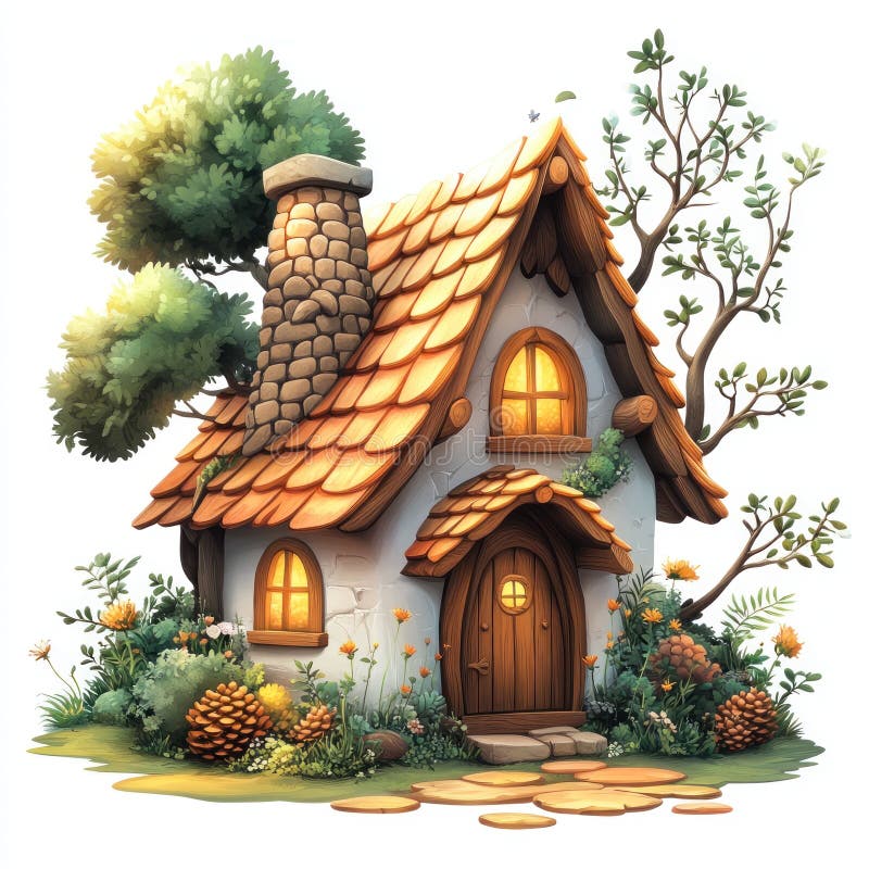 Cute Little Cottage Illustration with Stone Chimney and Stone Pathway ...