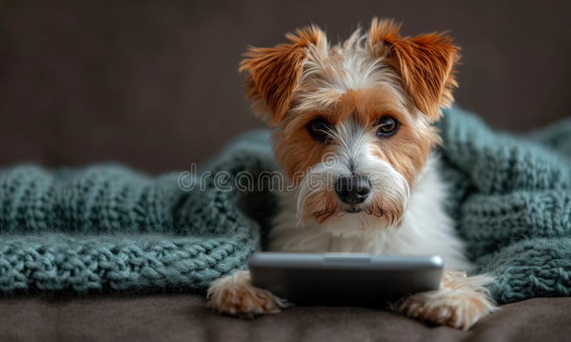 A Cute Little Dog Lying on a Knitted Blanket with a Tablet. Dog ...
